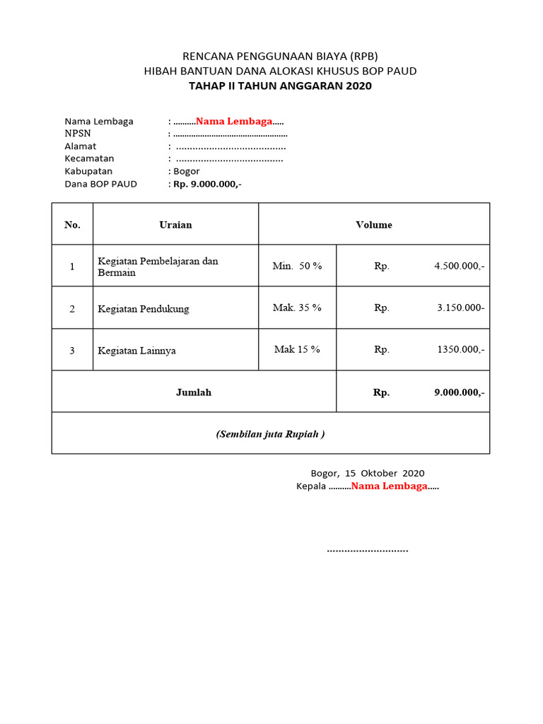 Contoh Rpb Tahap Ii Pdf Pengelolaan Keuangan Uang