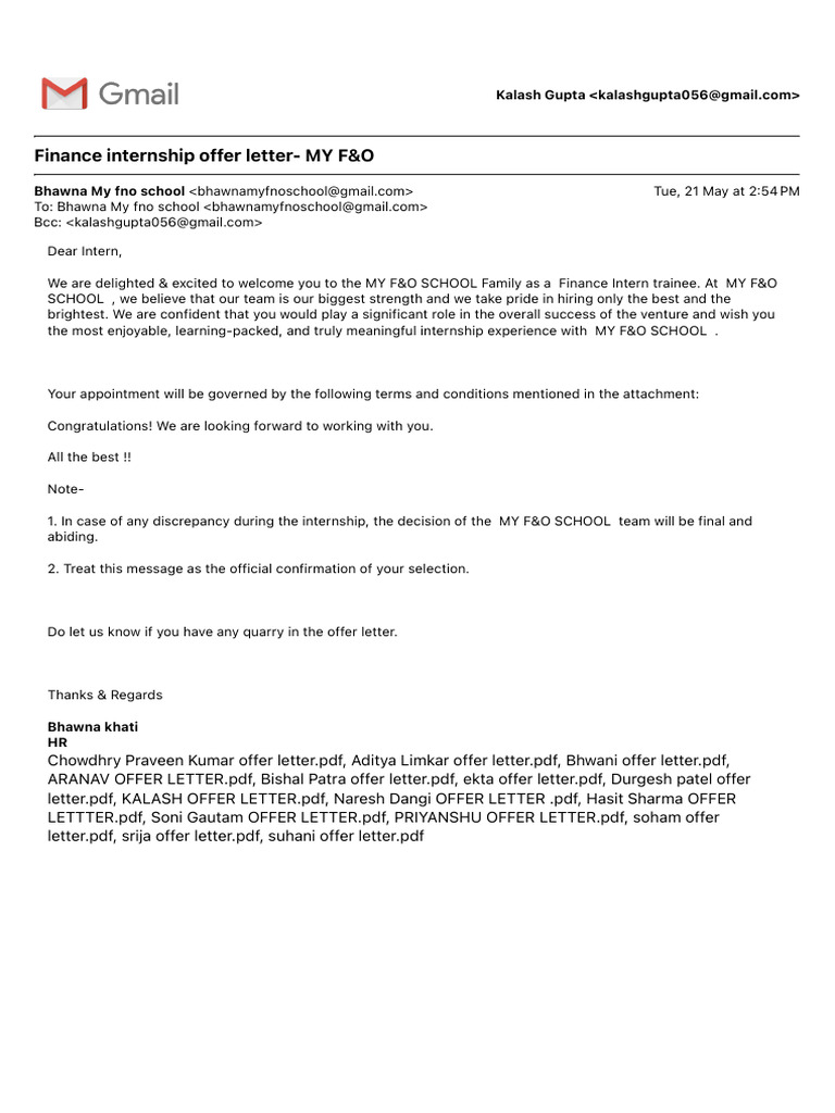 Finance Internship Offer Letter - MY F&O | PDF | Career & Growth