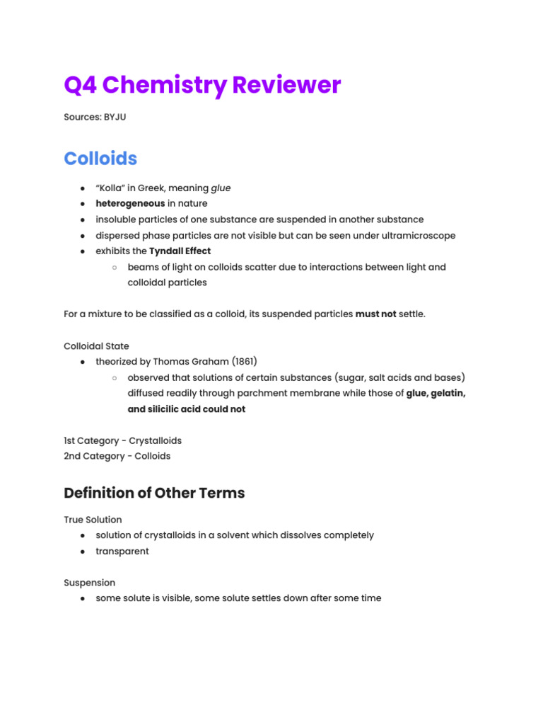 Q4 Chemistry Reviewer | PDF | Colloid | Mixture
