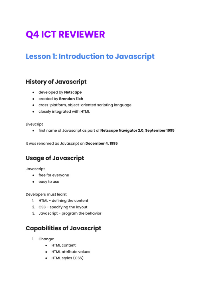 Q4 Ict Reviewer | PDF | Java Script | Html