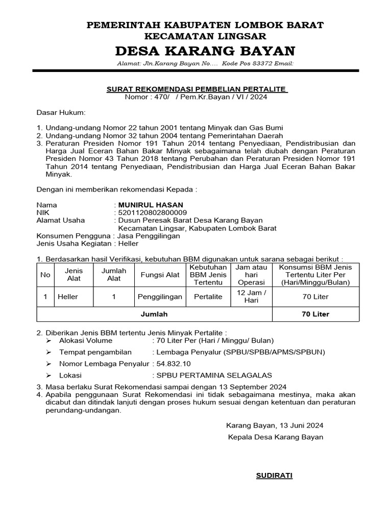 Surat Rekomendasi Pembelian Pertalite | PDF