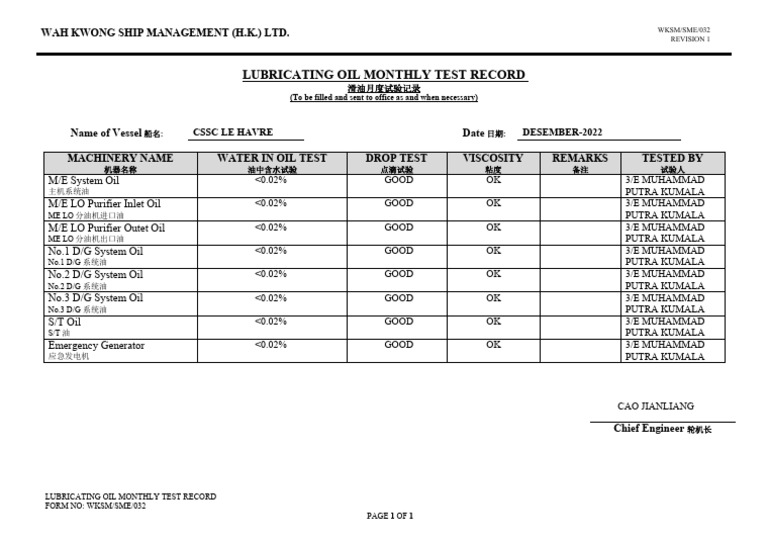 Monthly Lubricating Oil Test Record | PDF | Oils | Liquids