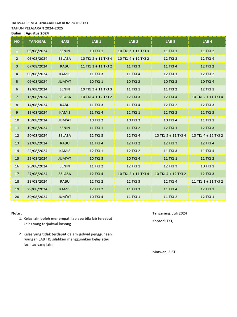 Jadwal Penggunaan Lab TKJ Bulan Agustus 2024 | PDF