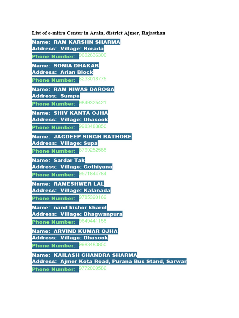 e-Mitra Centers in Ajmer District | PDF