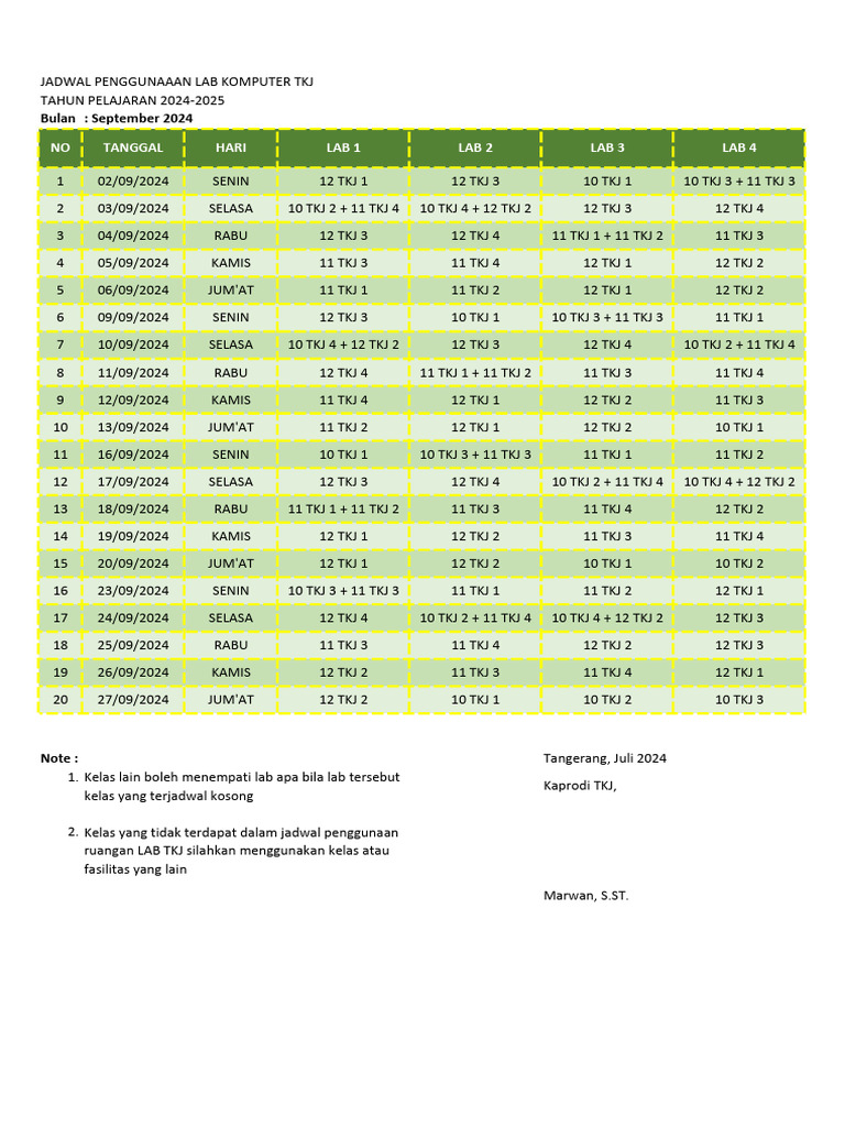 Jadwal Penggunaan Lab TKJ Bulan September 2024 | PDF