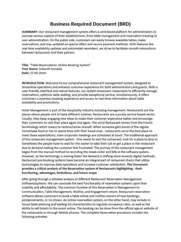 BRD Restaurant | PDF | Customer Relationship Management | Point Of Sale