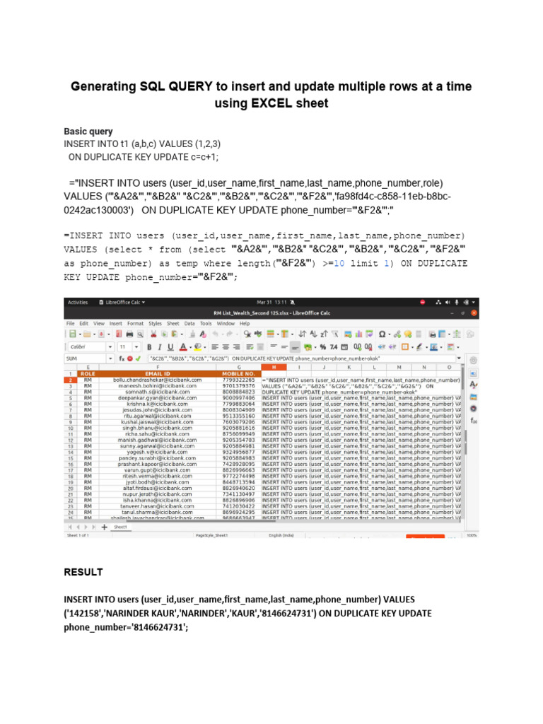 Generating Sql Query To Insert And Update Multiple Rows At A Time Using Excel Pdf Computer