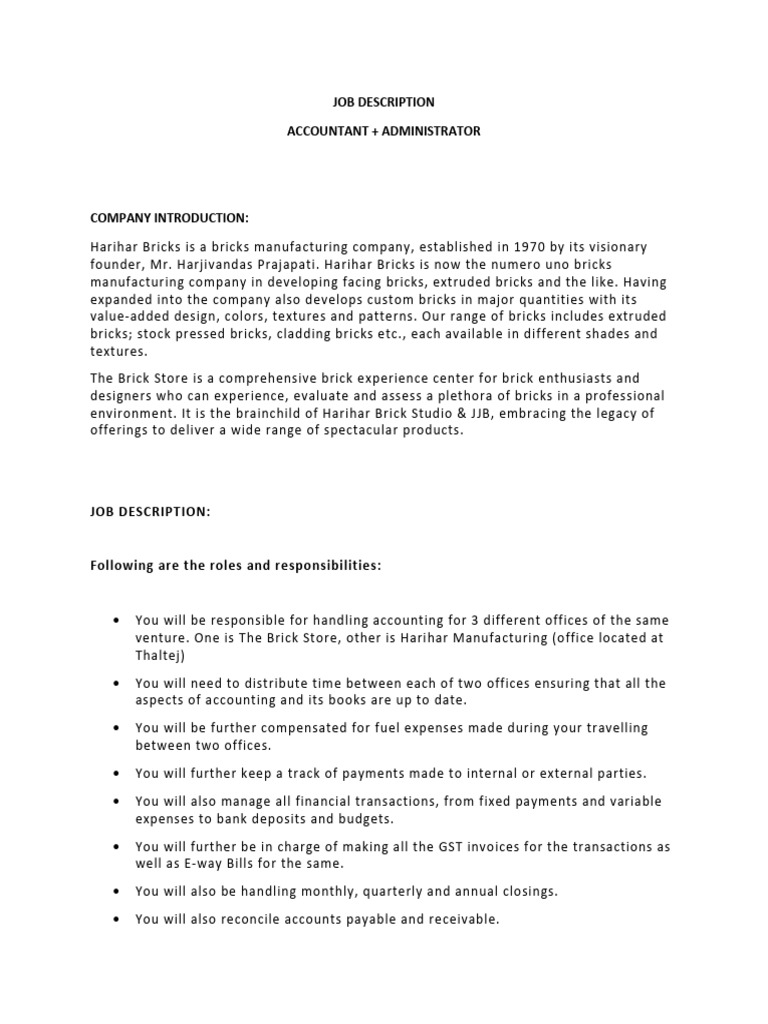 Job Description - Accounts + Administrator | PDF | Economies | Business