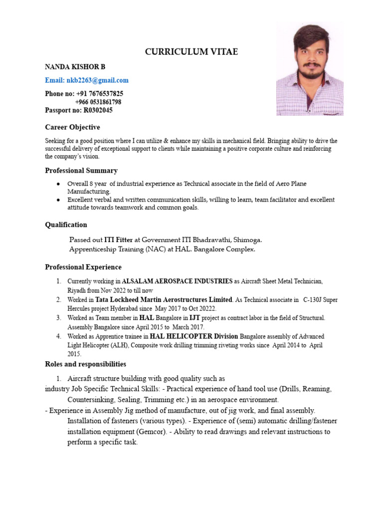 NANDA KISHOR B CV | PDF | Apprenticeship