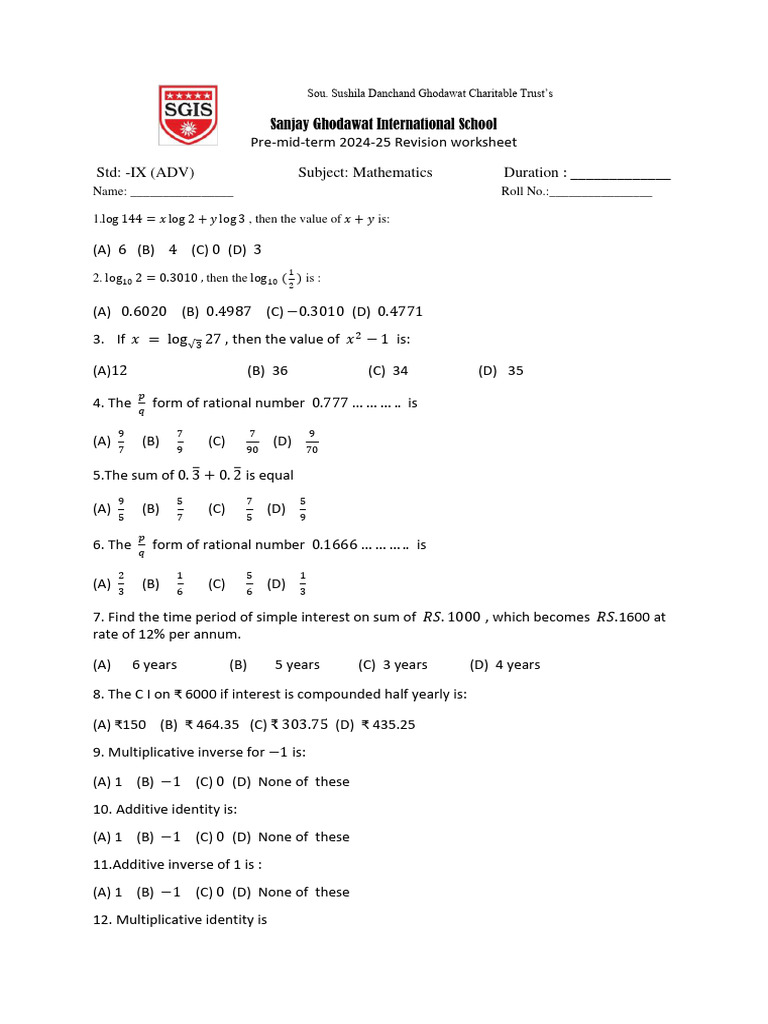Mid Term Revison Work Sheet 30.06.24 | PDF | Equations | Polynomial