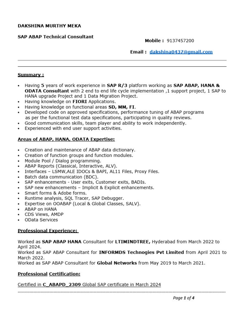 Dakshina Murthy Meka - 5 Years - SAP ABAP. | PDF | Computing | Software Engineering