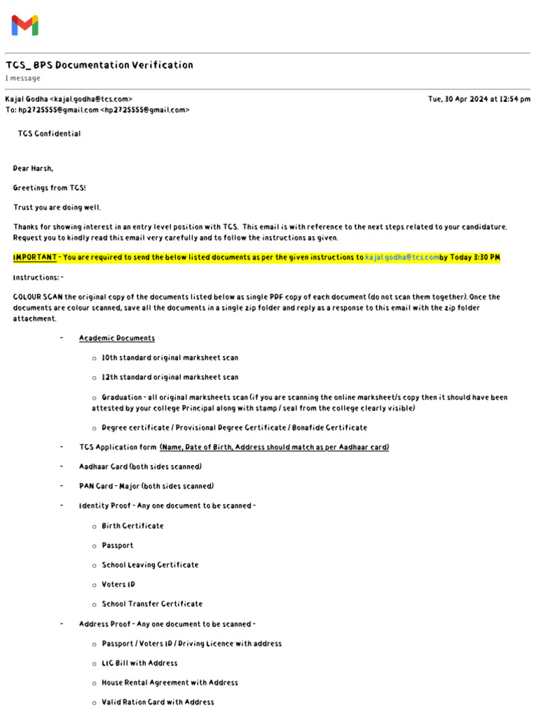 Gmail - TCS - BPS Documentation Verification | PDF | Government And ...