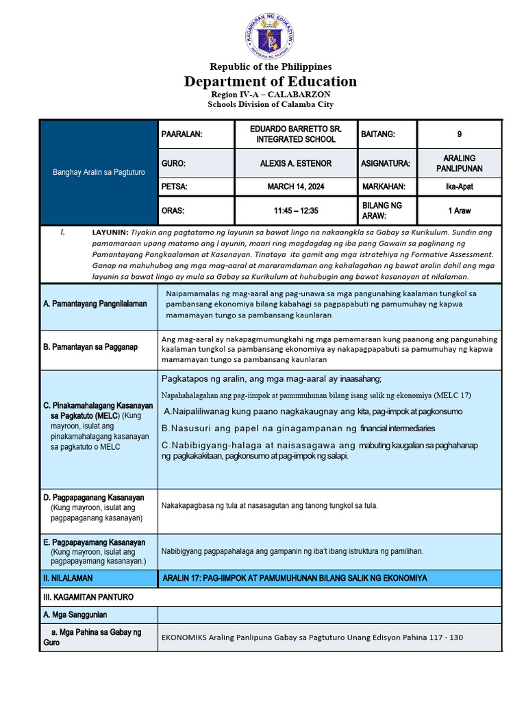 DLP Banghay Aralin Sa Pagtuturo AP Ekonomiks Co3 Ugnayan NG Kita at Pagiimpok | PDF