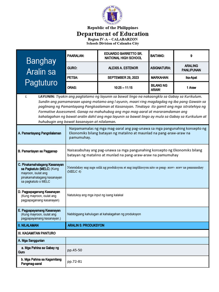 DLP Banghay Aralin Sa Pagtuturo AP Ekonomiks Co1 Produksyon | PDF