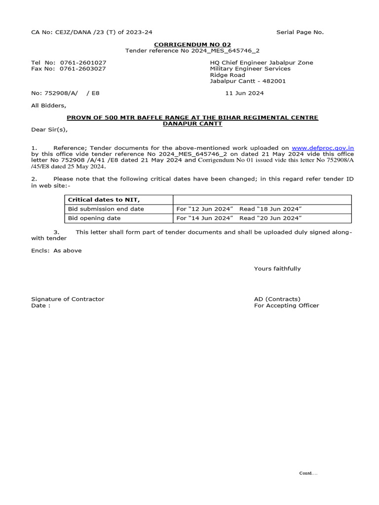 Corrigendum No 01 Issued Vide This Letter No 752908/A /45/E8 Dated 25 May 2024 | PDF