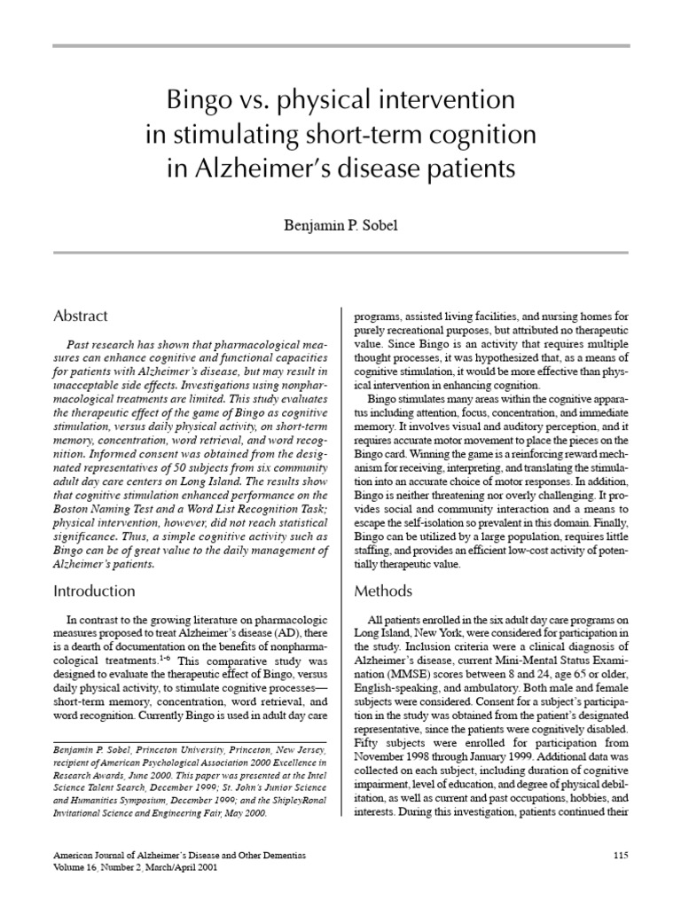 Bingo vs. Exercise for Alzheimer's Care | PDF | Cognition | Alzheimer's ...
