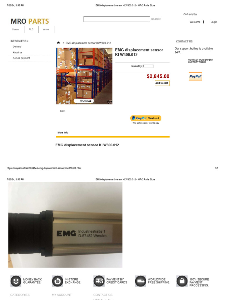 EMG Displacement Sensor KLW300.012 - MRO Parts Store | PDF | Banking Technology | Payments