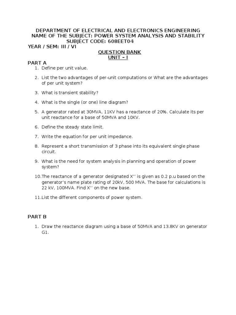 Per Unit Impedance Diagrams and Power System Component Ratings for a ...