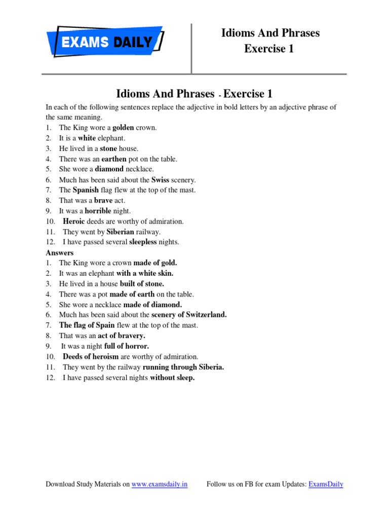 Idioms and Phrases Exercise 1 | PDF