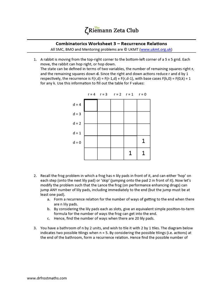 RZC Combinatorics Worksheet3 | PDF | Numbers | Recurrence Relation