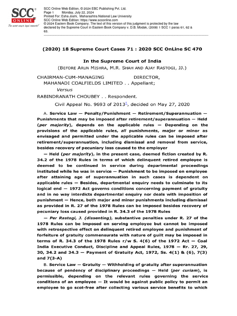 Mahanadi Coalfields Ltd. v. Rabindranath Choubey, (2020) 18 SCC 71 ... Mahanadi Coalfields Ltd. v. Rabindranath Choubey, (2020) 18 SCC 71 ...