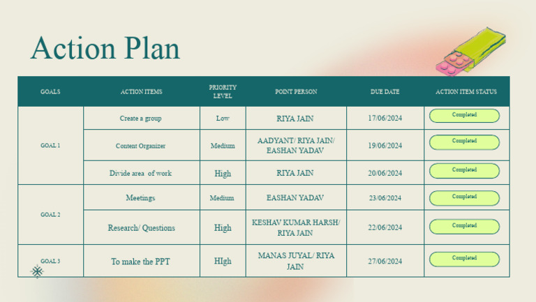 Team Action Plan Business Presentation in Beige Dark Green Lilac Simple ...
