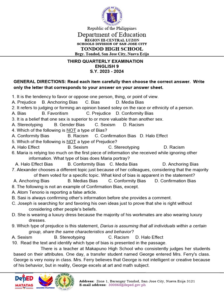 Exam - 9 Examination | PDF | Bias | Prejudices