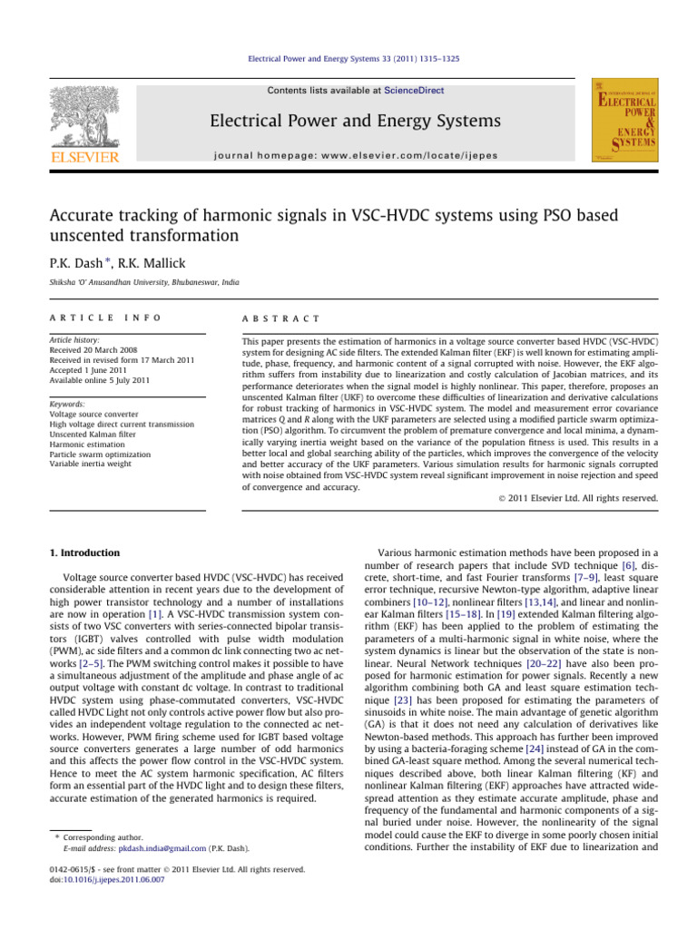 Accurate Tracking of Harmonic Signals in VSC HVDC Systems Using PSO Based Unscented ...