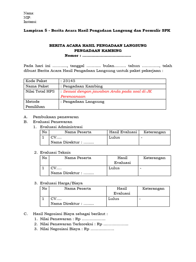 Lampiran 5 - Dokumen Berita Acara Pengadaan Langsung Dan Formulir SPK | PDF