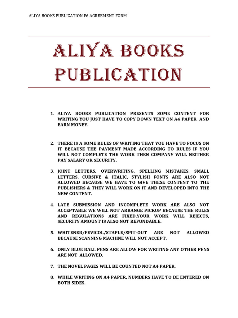 Aliya Books Publication f6 Agreemnt Form Original | PDF | Business