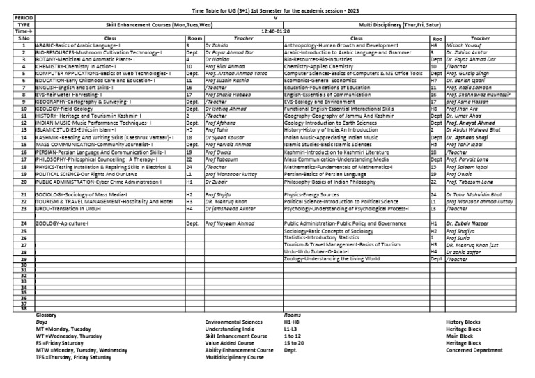 Skill and Multi Disciplinary Time Table 1st Semester - 2023 | PDF
