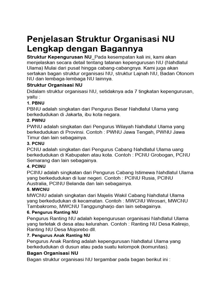 Penjelasan Struktur Organisasi NU Lengkap Dengan Bagannya: Struktur Kepengurusan NU - Pada ...
