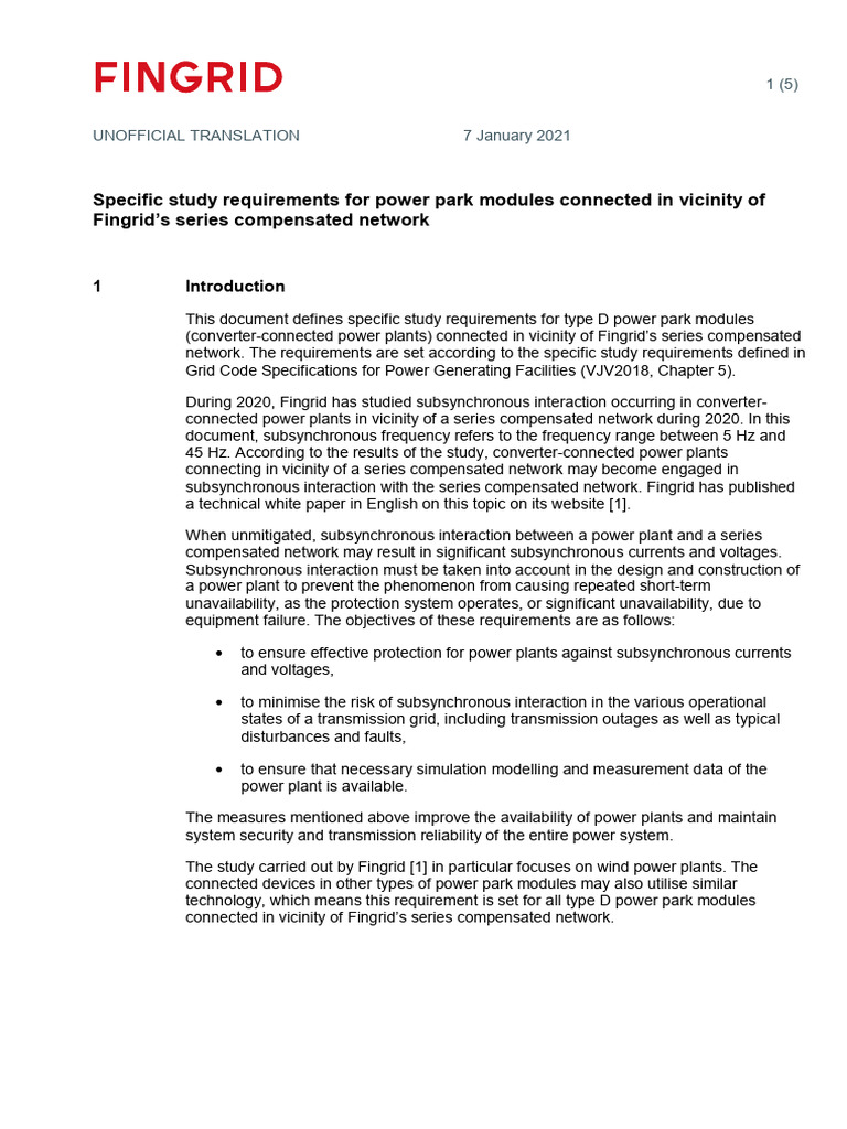 Specific Study Requirements For Power Park Modules Connected in ...