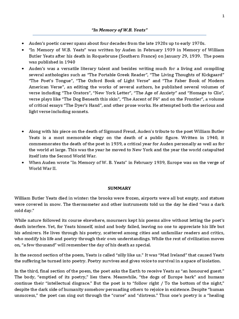 In Memory of W B Yeats | PDF | W. B. Yeats | Poetry