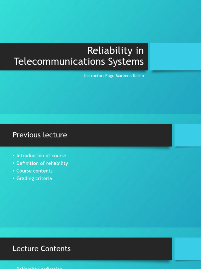 TE-309 Reliability in Telecommunications Systems - Lecture - 1b | PDF | Reliability Engineering