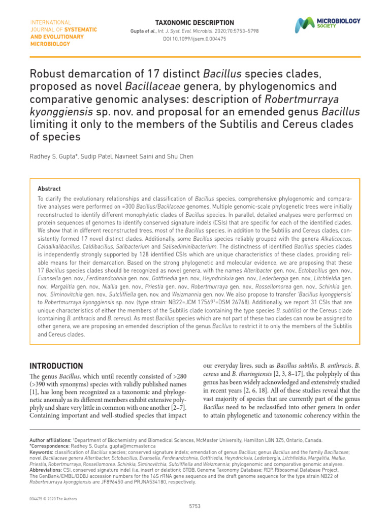 Taxonomic Revisions in Bacillus Genus | PDF | Bacillus | Species