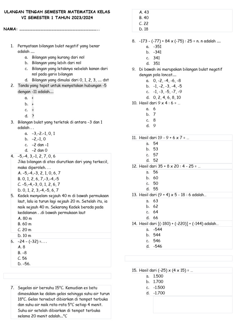 Soal Ulangan Tengah Semester Kelas Vi Semester 1 Tahun 2023 | PDF