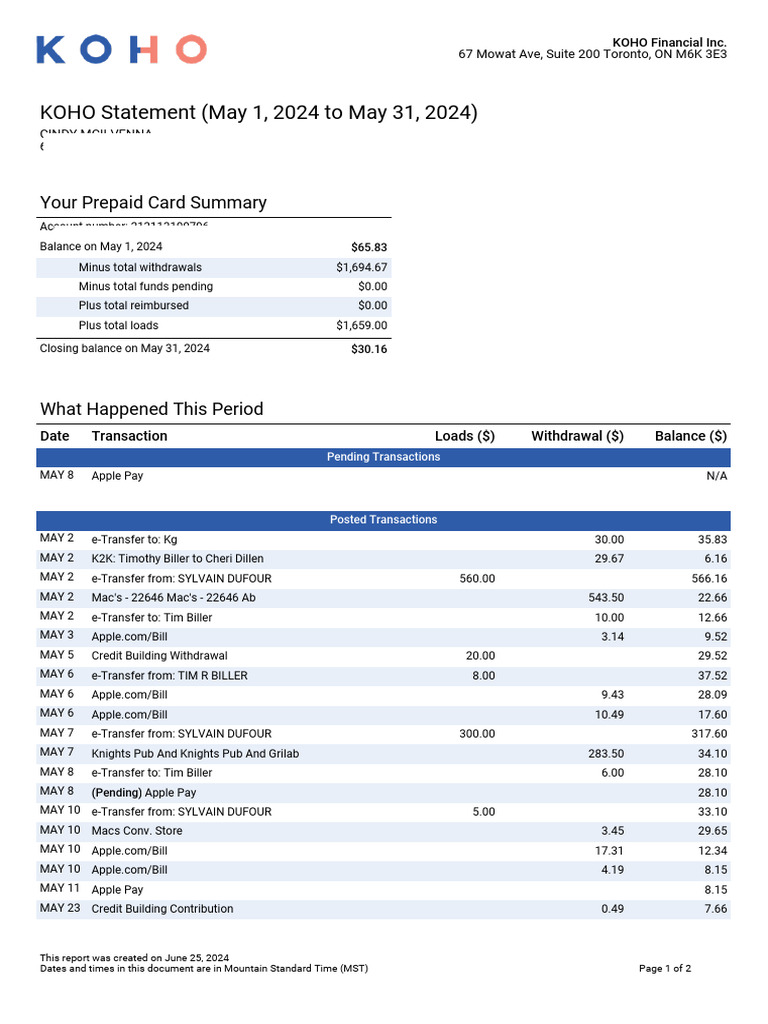 KOHO-bank-statement | PDF | Apple Pay | Personal Finance