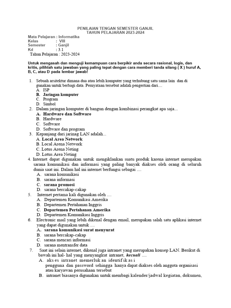 Soal PTS TIK Kelas 8 2023-2024 | PDF | Komputer | Teknologi & Rekayasa