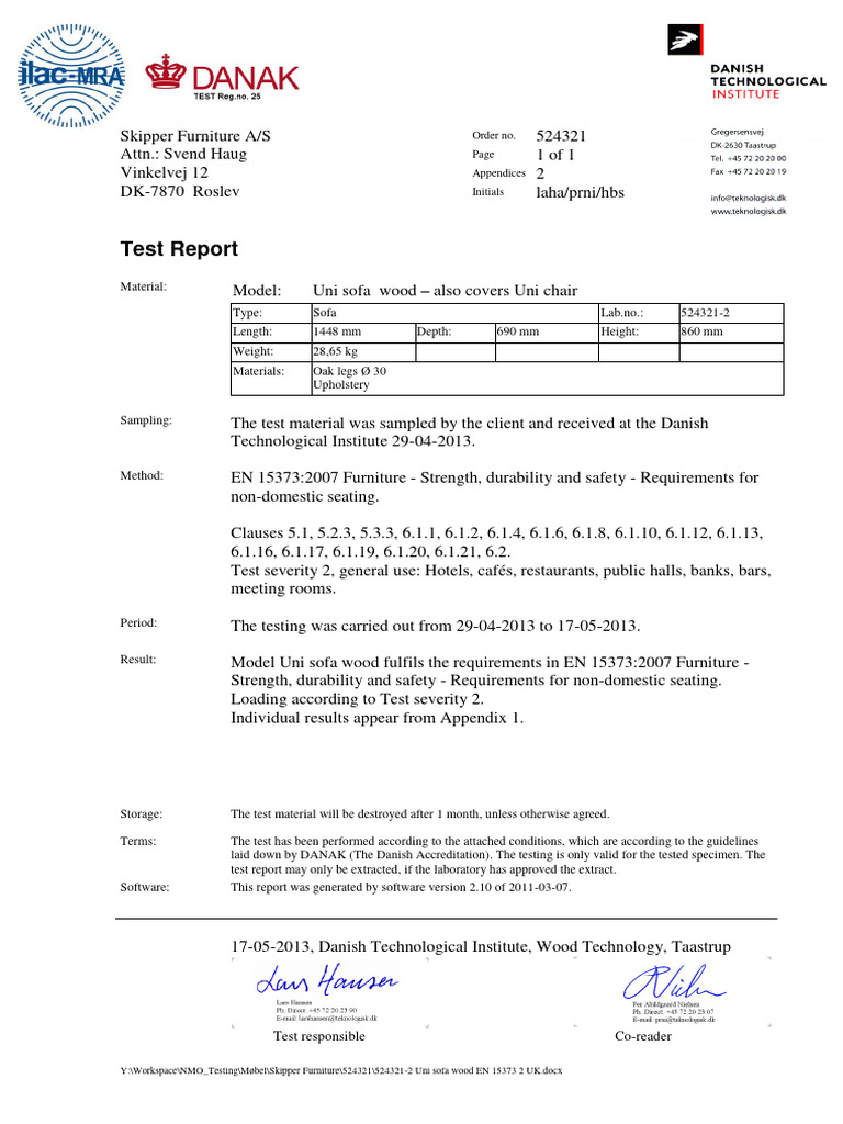 Test Report 524321-2 - UNI Sofa Wood - EN 15373 2 UK | PDF | Chair