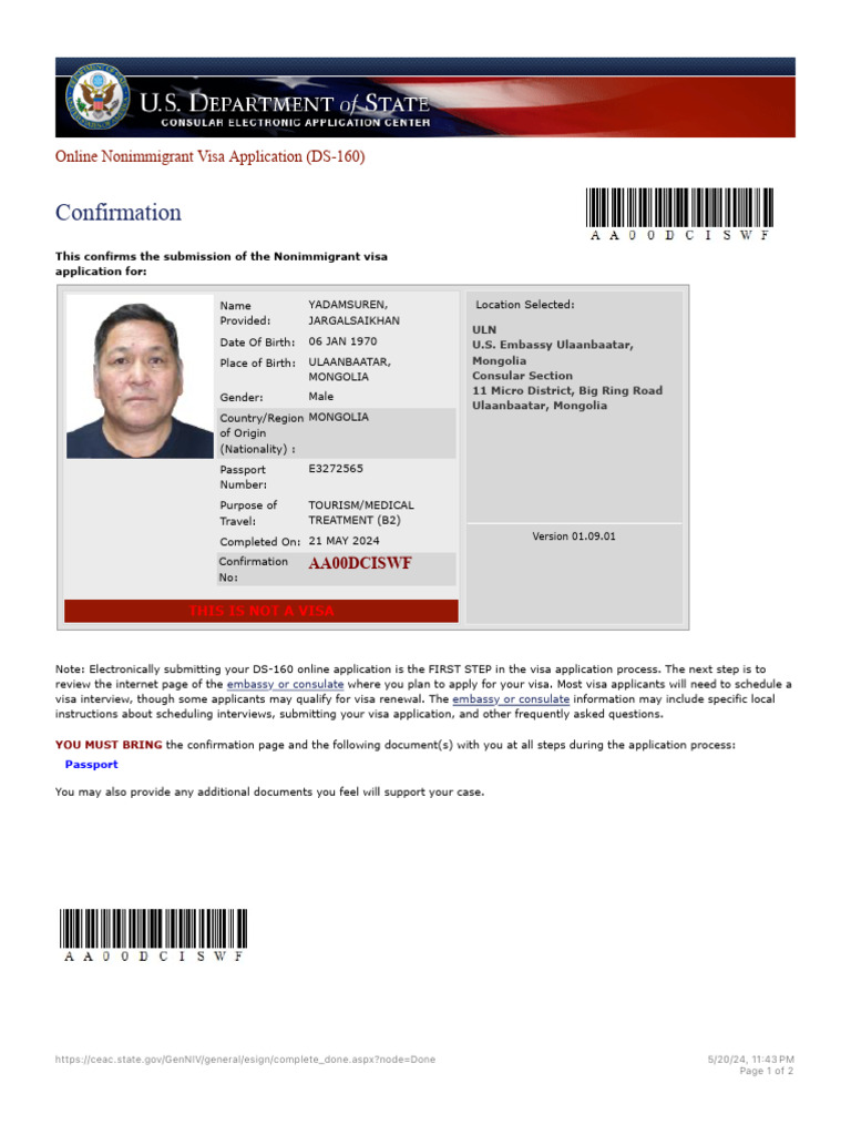 Confirmation: Online Nonimmigrant Visa Application (DS-160) | PDF ...