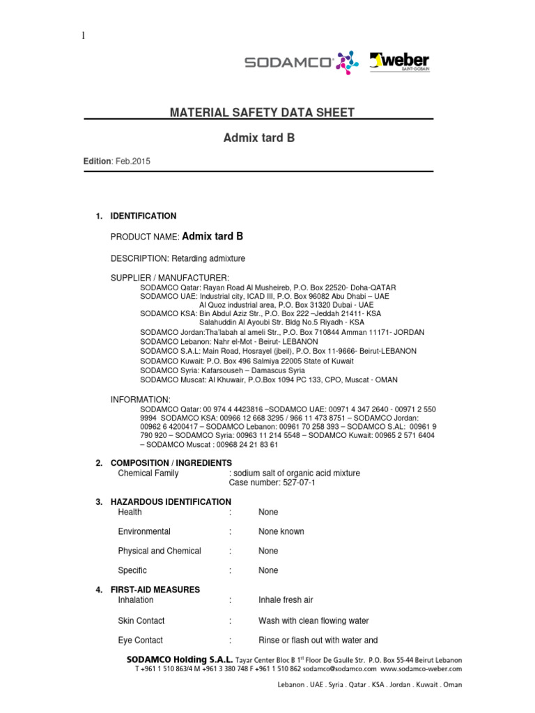 Weber Admix - Tard - B SDS 201505 | PDF | Water | United Arab Emirates