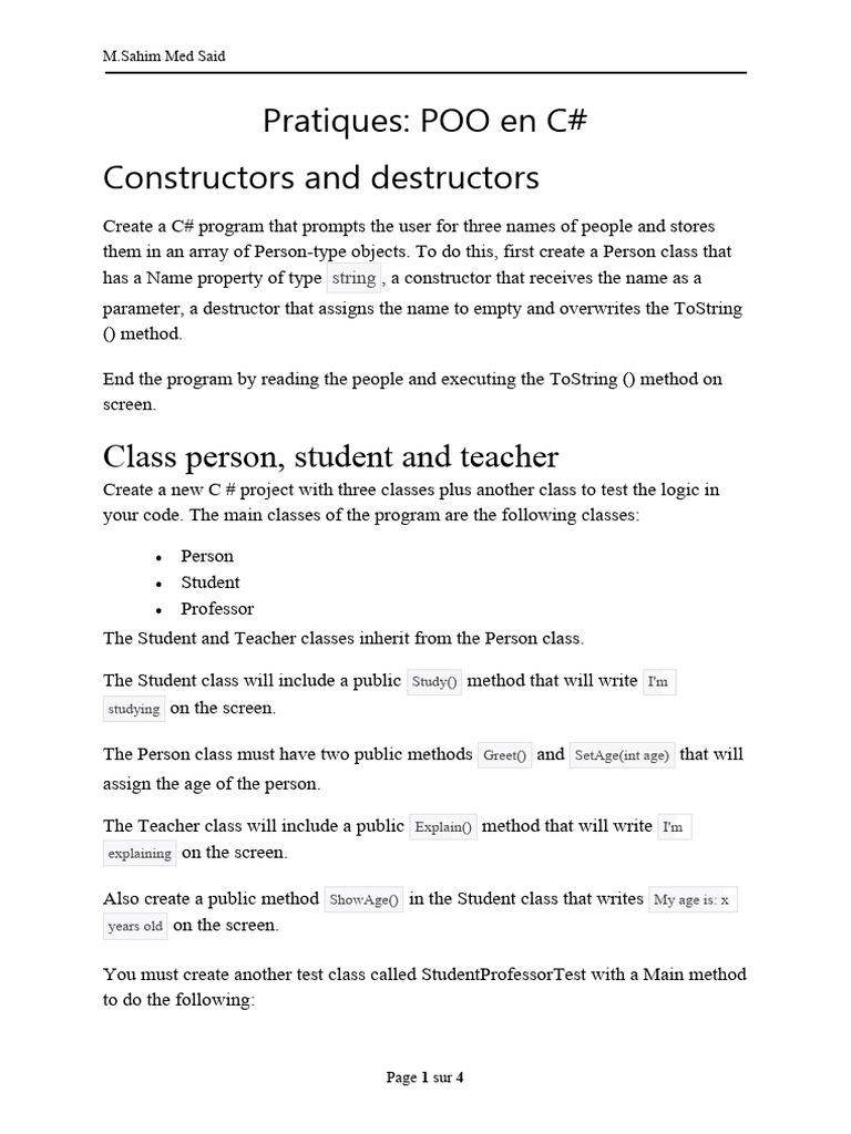 Programmation Orienté Objet en C# | PDF | Method (Computer Programming ...