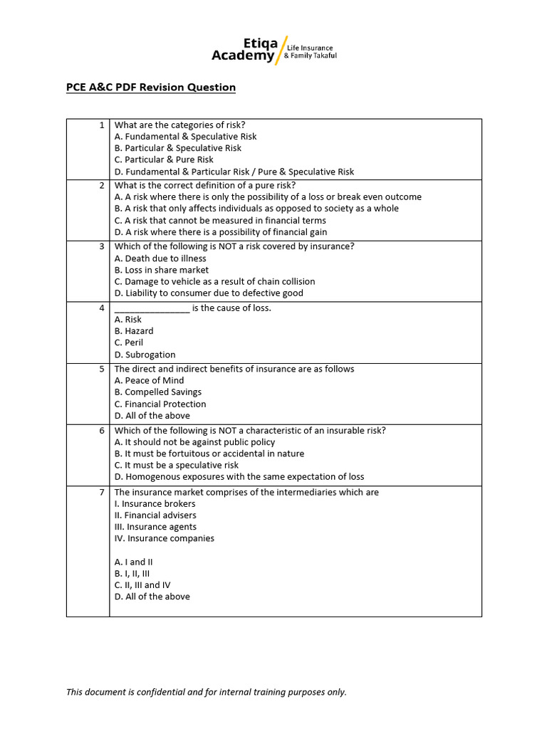 PCE AC PDF Revision Questions v1.0 (2024) | PDF | Insurance | Law Of Agency