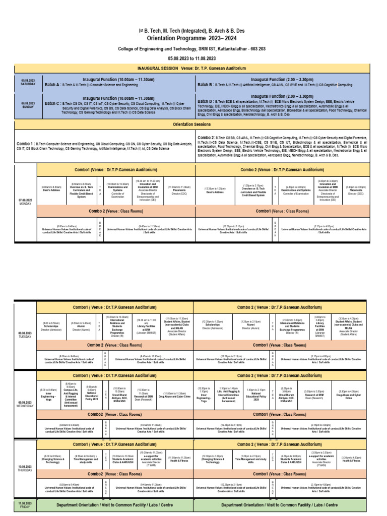 1st B.Tech M. Tech I B. Arch B. Des 2023 2024 Induction Program Schedule | PDF | Computer ...