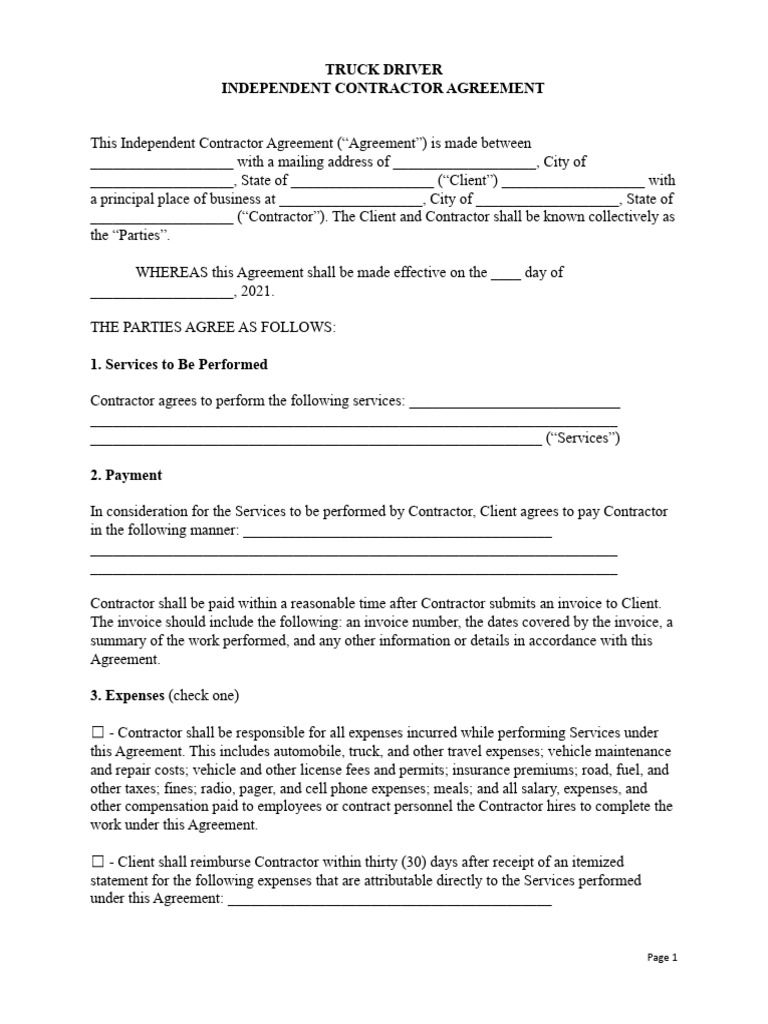 PDF Template Truck Driver Contract Template | PDF | Liability Insurance ...
