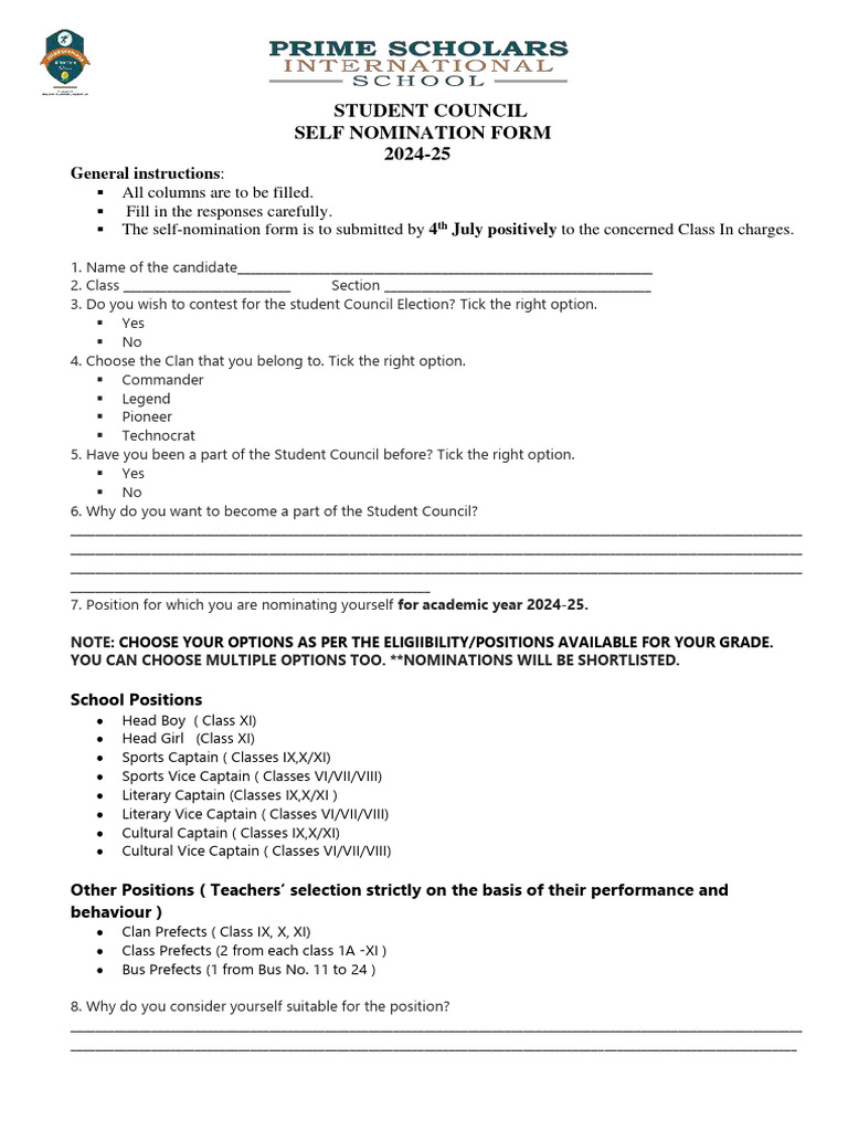 Student Self Nomination Form | PDF