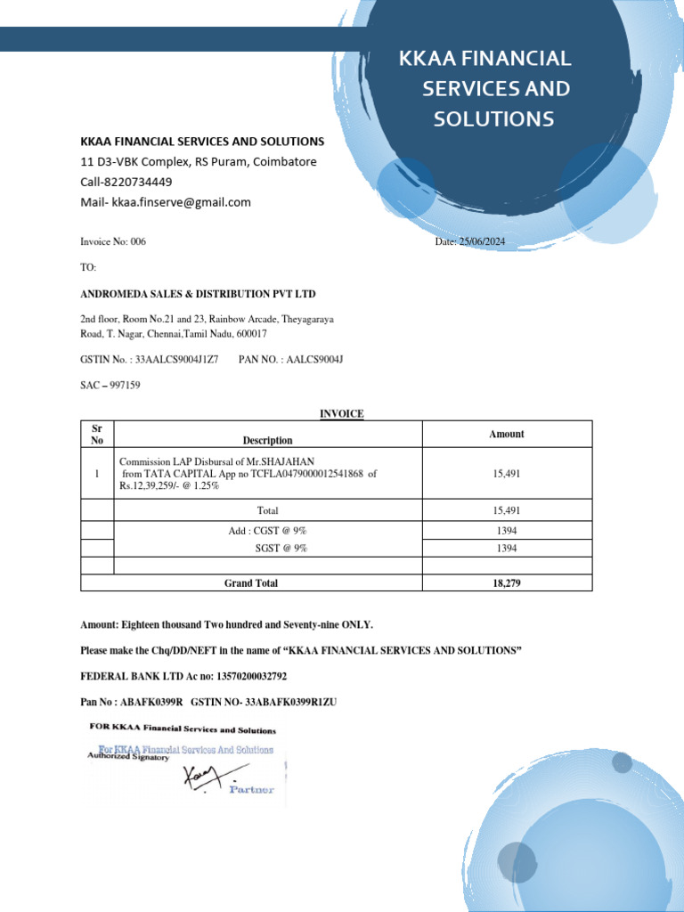 Invoice for Commission from KKAA Financial | PDF | Business ...