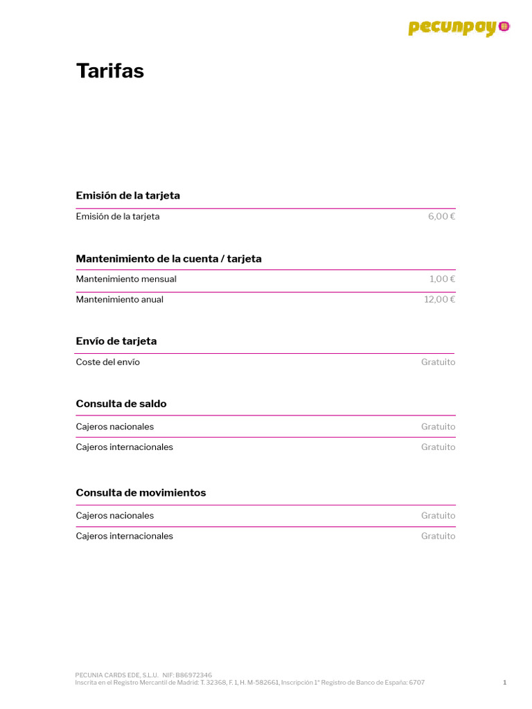 Tarifas | PDF | Tarjeta de débito | Tecnología financiera