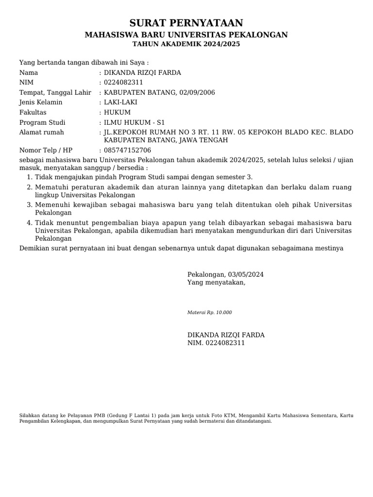 Surat Pernyataan Mahasiswa Baru PMB | PDF